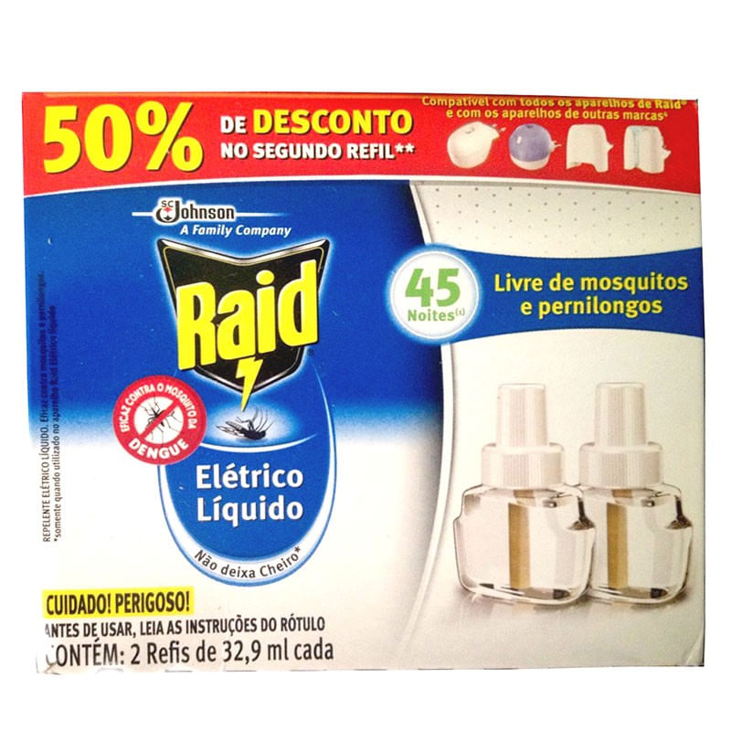 Repelente Raid Elétrico Líquido 45 Noites Com 02 Refis De 32,9Ml Cada ...